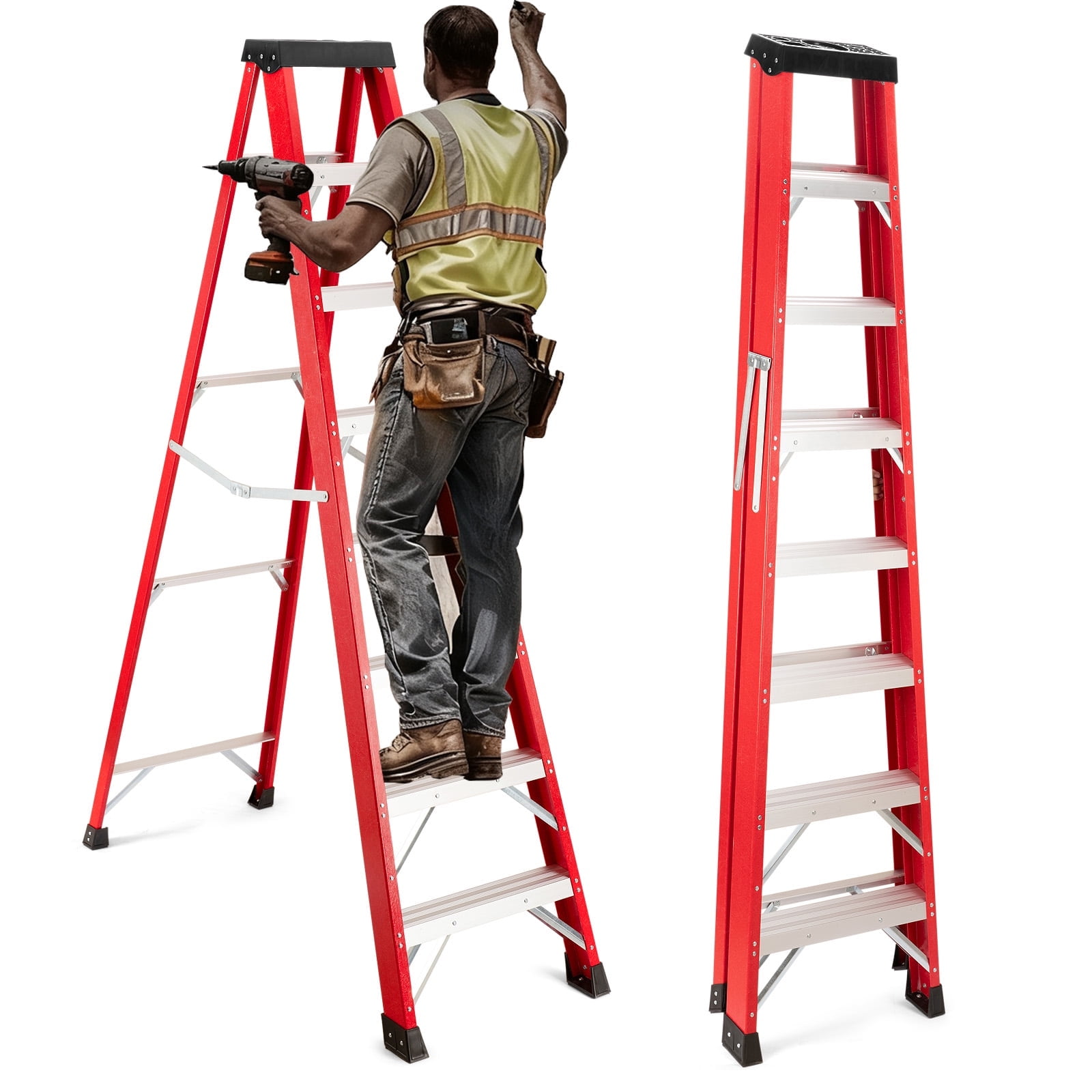 8-Foot Fiberglass Step Ladder, 500lb Capacity, Folding Step Ladder with ...