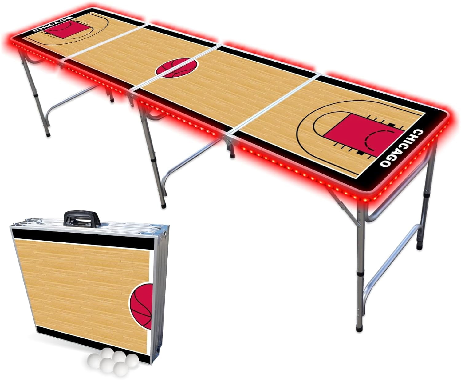8-Foot Folding Portable Pong Table w/Optional Cup Holes & LED Lights ...