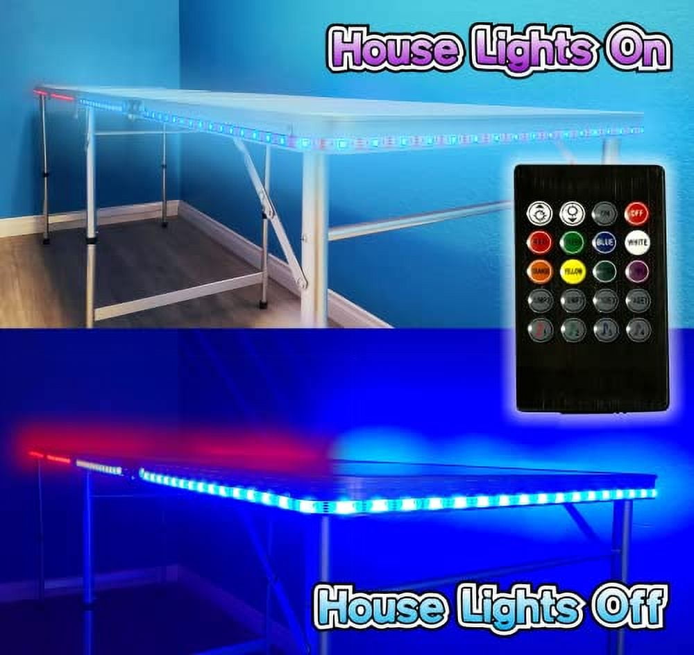 8-Foot Folding Portable Pong Table w/Optional Cup Holes & LED Lights ...