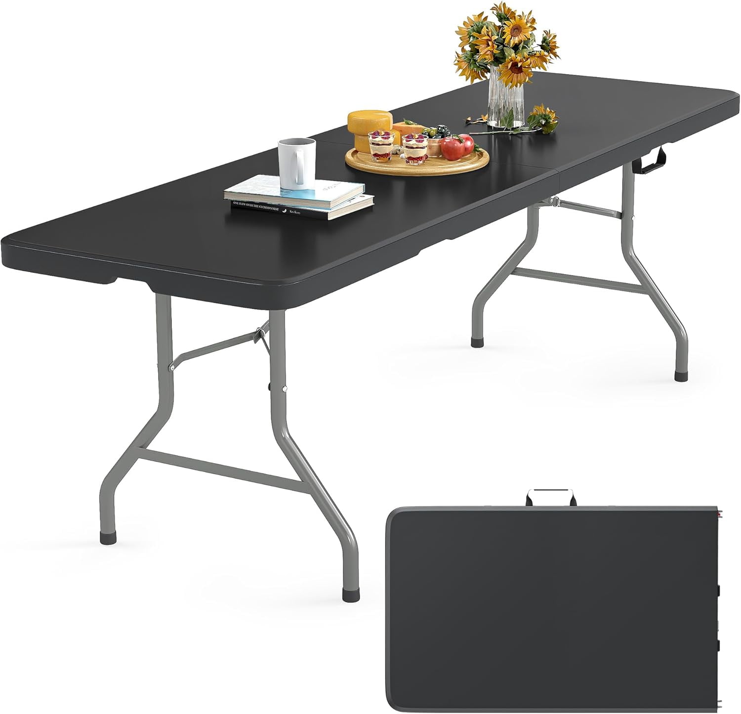8 Foot Folding Table with Carrying Handle, HDPE Foldable Table Indoor ...