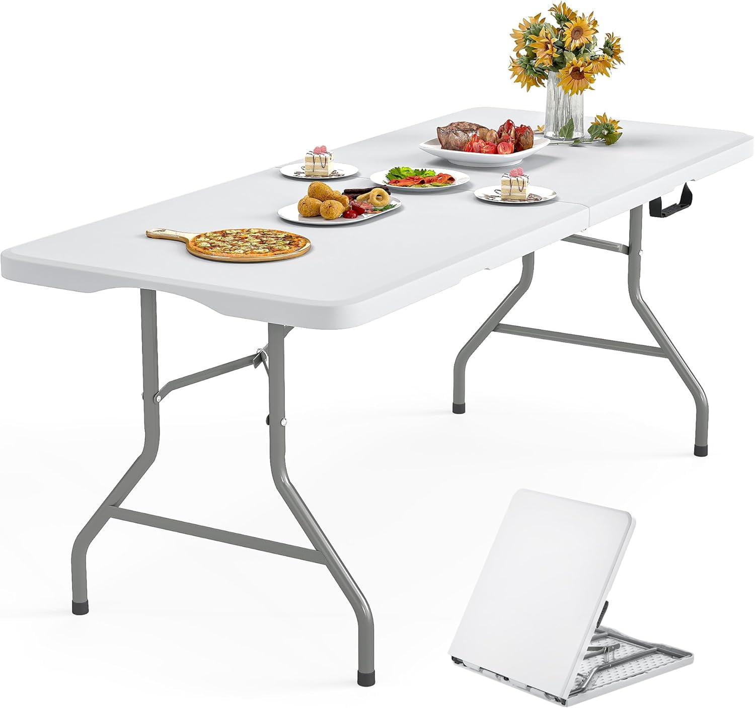 8 Foot Folding Table with Carrying Handle - Portable Plastic Fold in ...