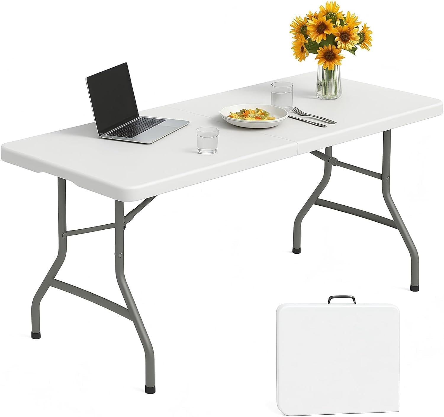 8 Foot Folding Table with Carrying Handle - Portable Plastic Fold in ...