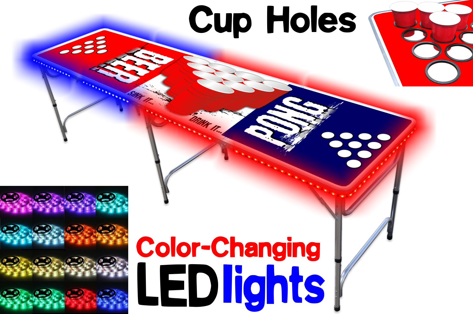 8-Foot Professional Beer Pong Table w/ Cup Holes & LED Glow Lights ...