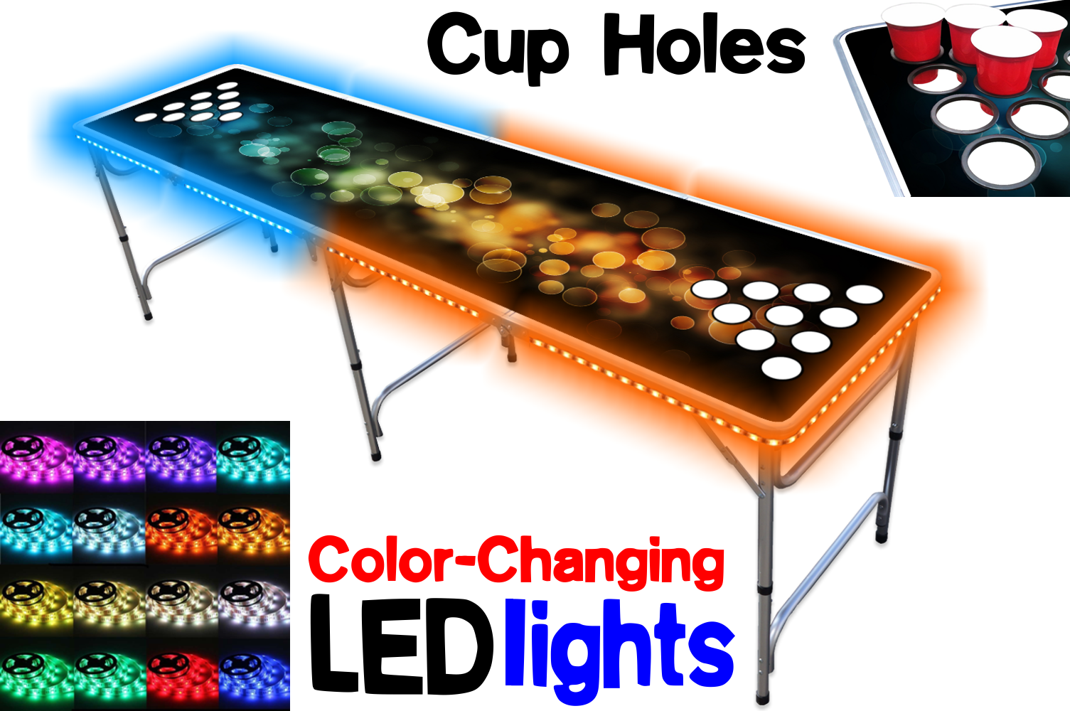 8-Foot Professional Beer Pong Table w/ Cup Holes & LED Glow Lights ...