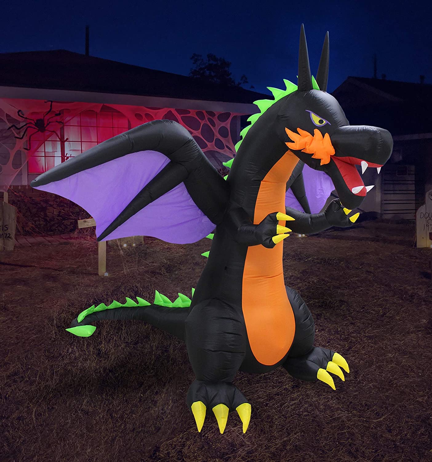 8 Foot Tall Lighted Halloween Inflatable Fire Dragon with Wings LED ...
