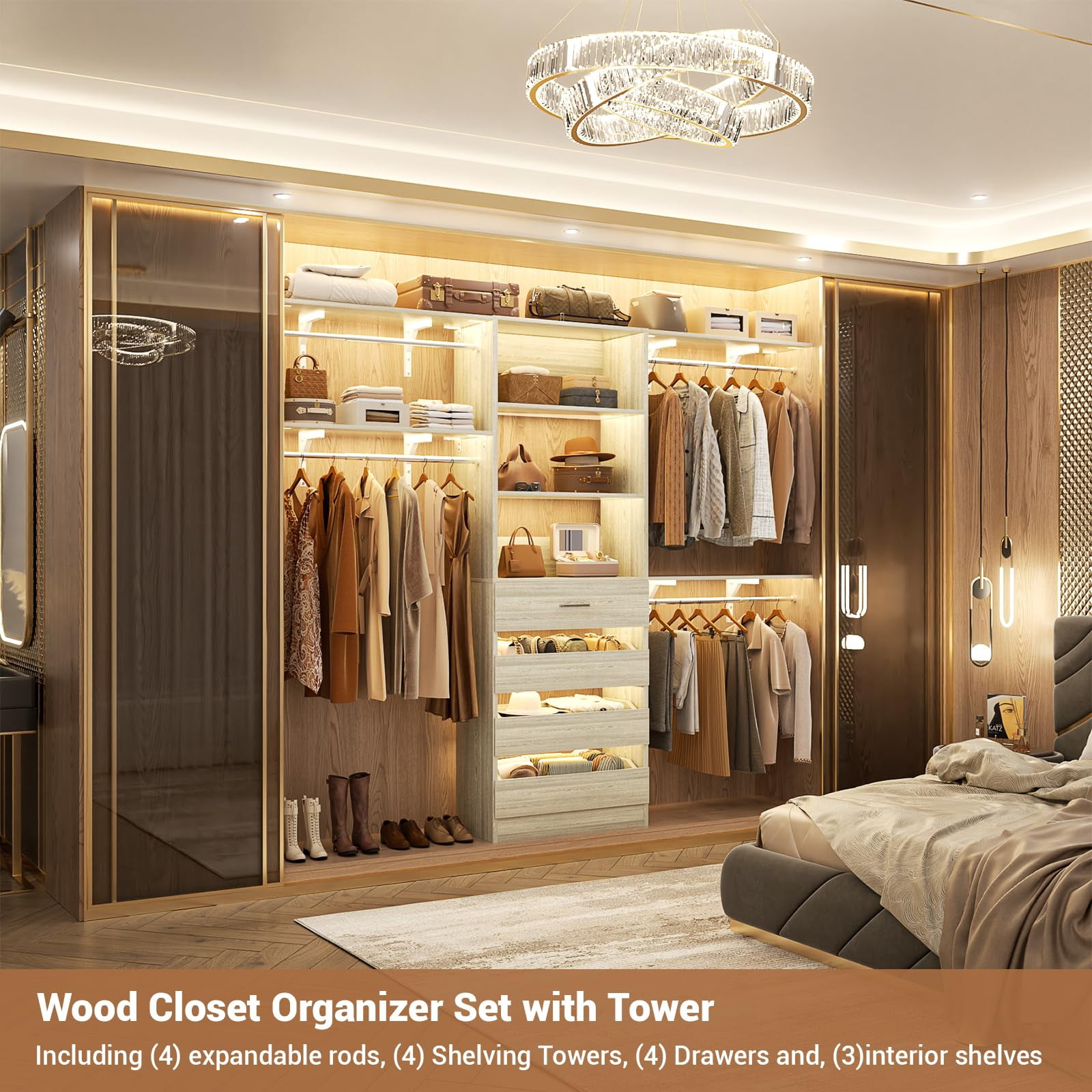 Homieasy 8FT Closet Organizer System with 4 Wooden Drawers & Hanging ...
