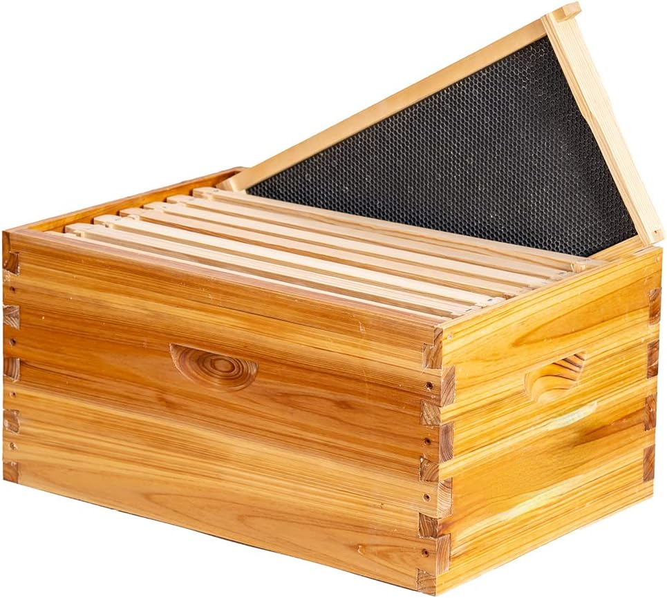 8-Frame Beehive Box Langstroth Deep Brood Box Dipped in 100% Beeswax Includes Wooden Frames ...