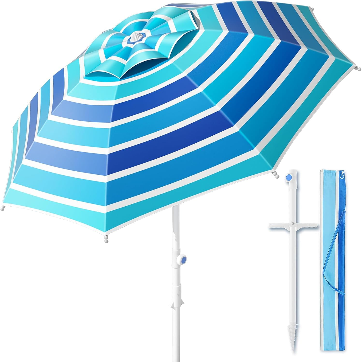 8 Ft Large Beach Umbrella with Heavy Duty Sand Anchor Tilt Function ...