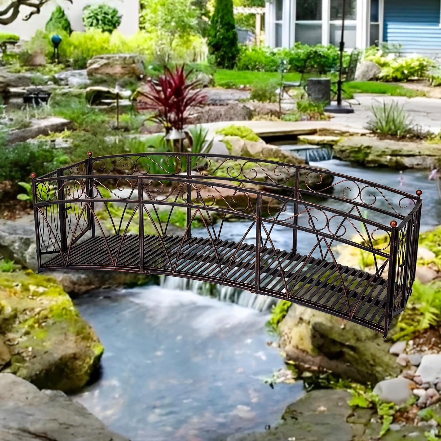 8 Ft Metal Garden Bridge with Gate and Safety Patterned Siderails ...