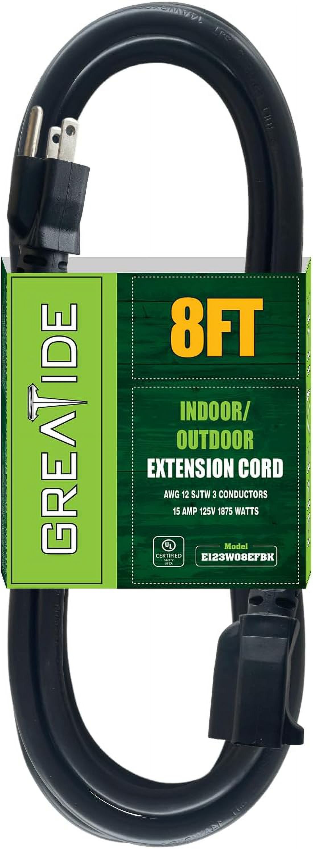 8 Ft Outdoor Extension Cord - 12/3 SJTW Heavy Duty Black Extension ...