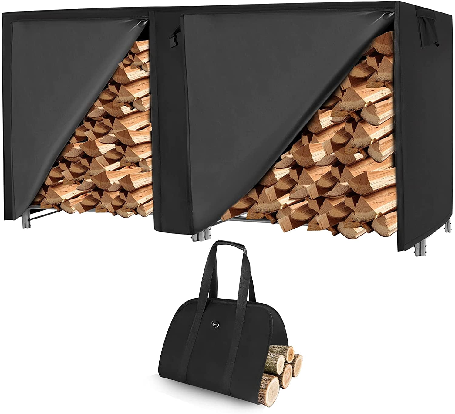 8 Ft Outdoor Indoor Firewood Log Rack with Cover and Tote Bag Combo ...