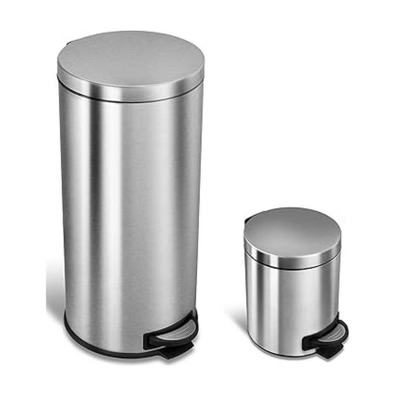 8 Gallon and 1.2 Gallon Combo Set Round Stainless Steel Step on Trash Can, Fingerprint-Resistant ...