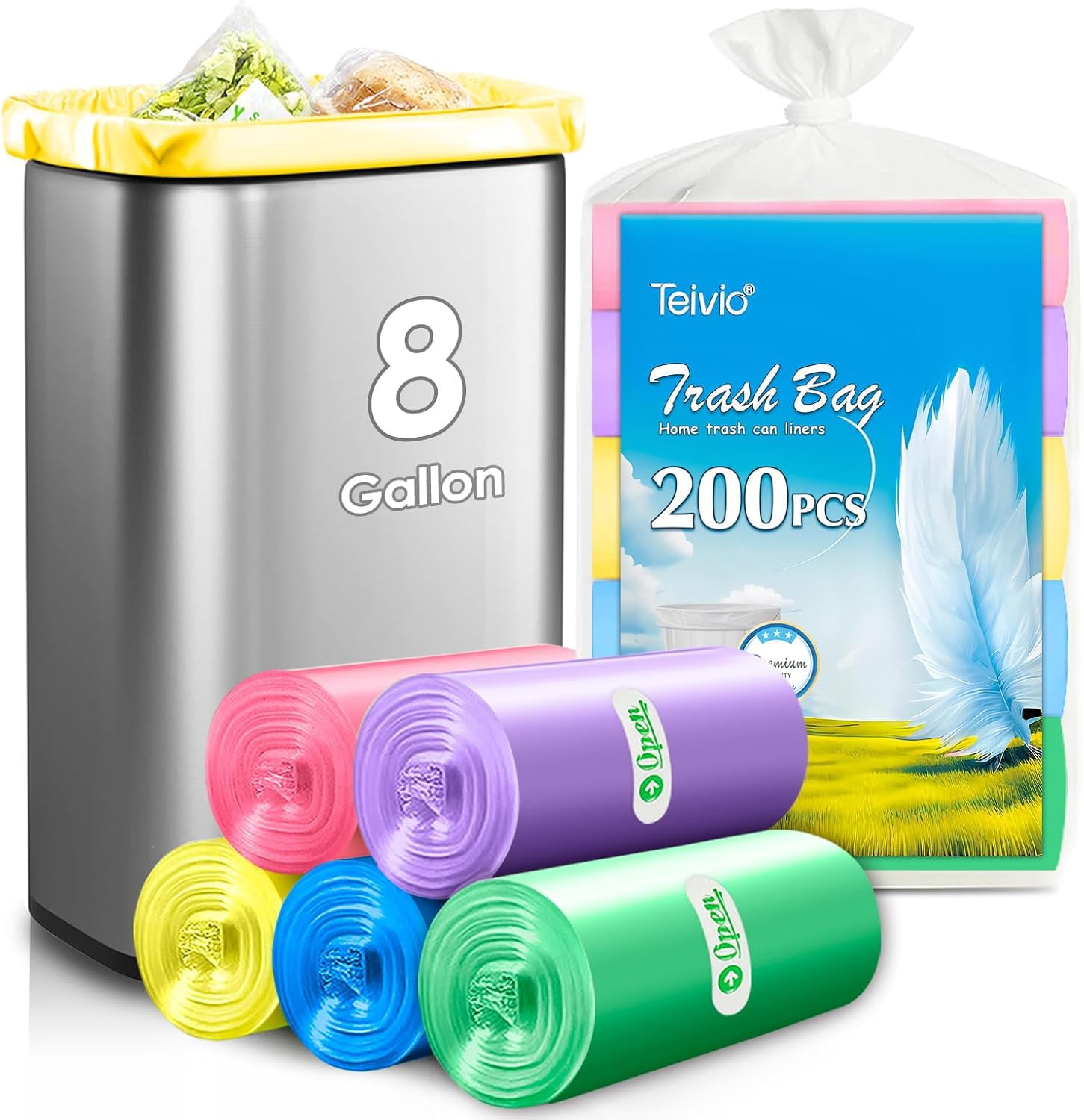 8 Gallon 200 Counts Clear Colorful Trash Bags Kitchen Garbage Bags by ...