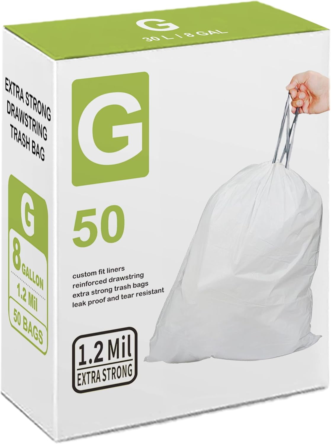 8 Gallon Code G Heavy Duty Drawstring Trash Bags 1.2 Mil THICK | White ...