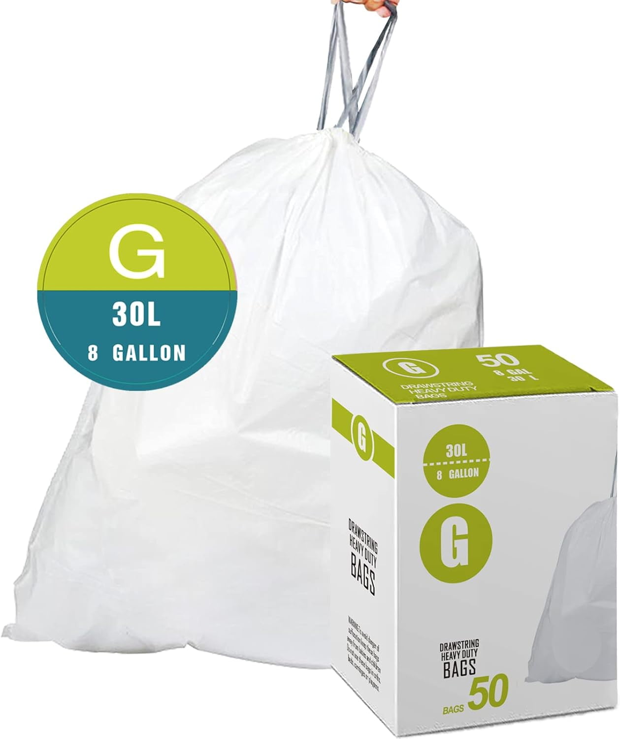 8 Gallon Code G Heavy Duty Drawstring Trash Bags | 1.2 Mil | White ...