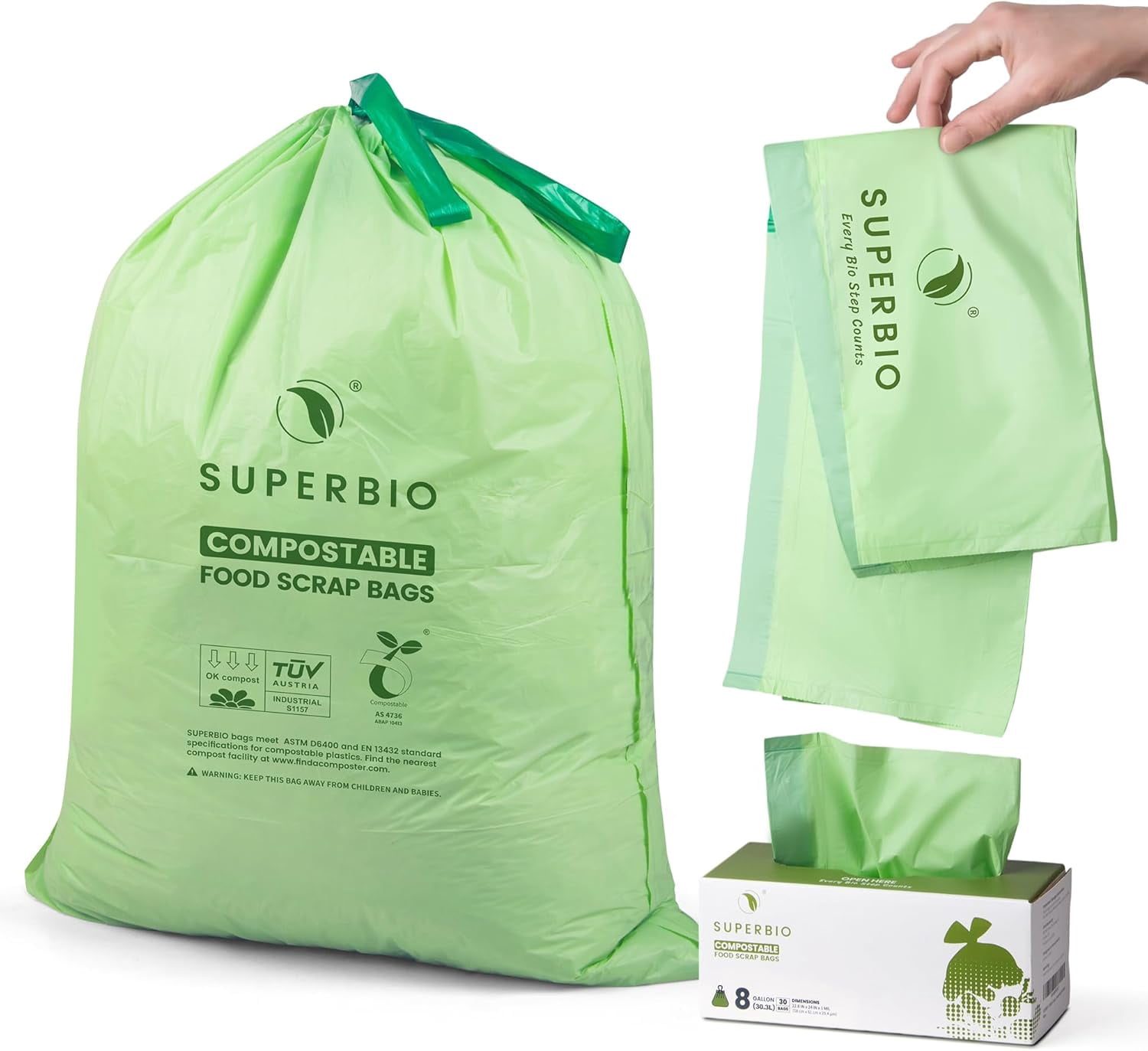 8 Gallon Compostable Drawstring Kitchen Waste Bags,30.3 Liter, 30 Count ...