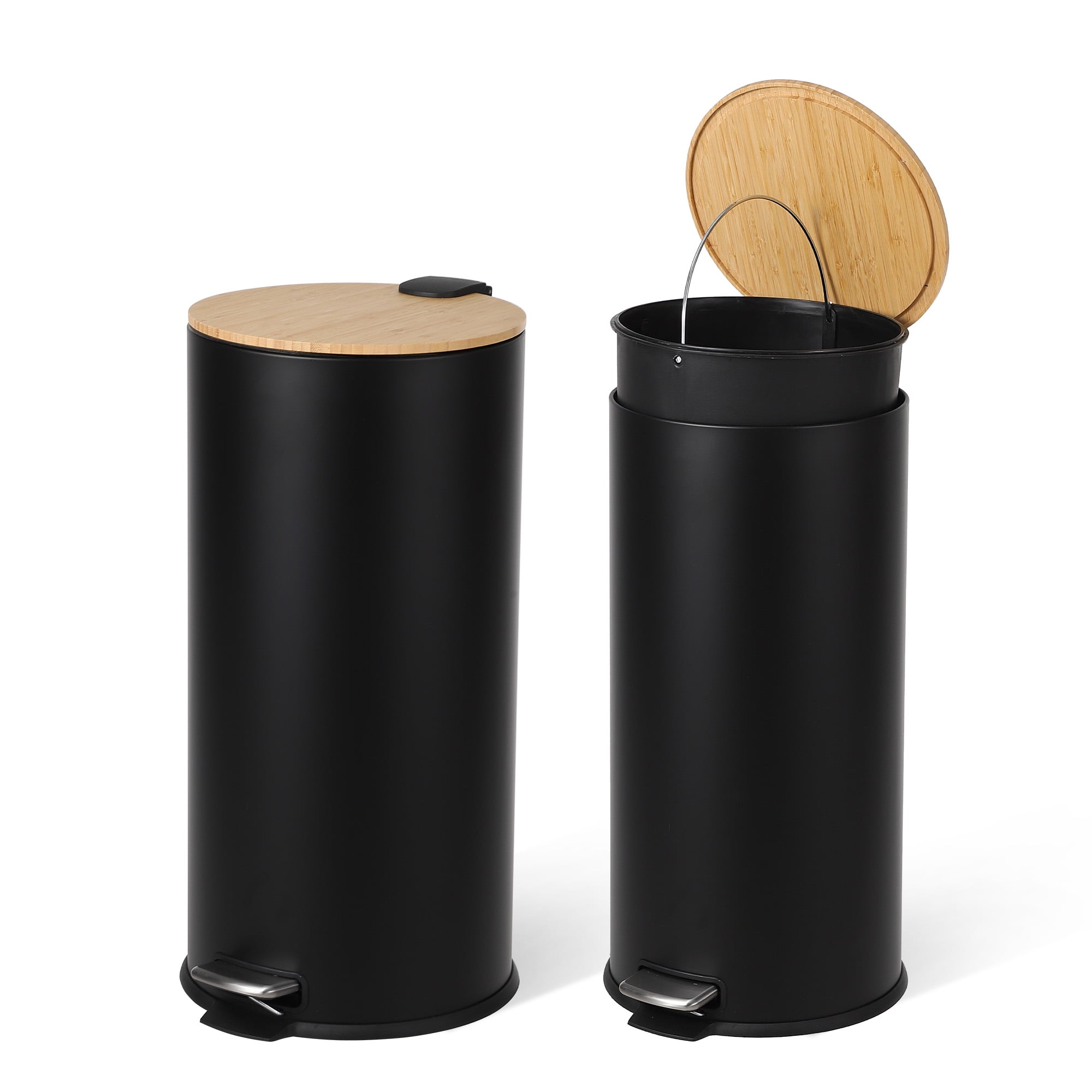 8 Gallon Round Trash Can with Soft-Close Bamboo Lid, Stainless Steel ...