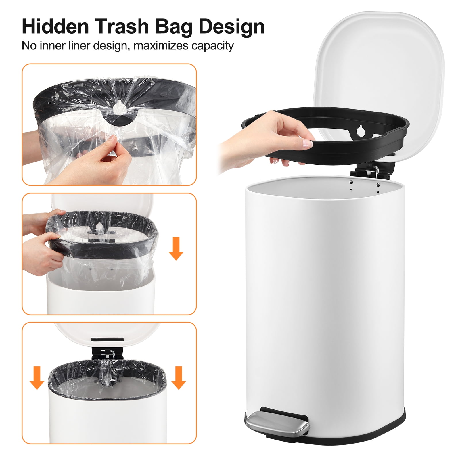 Elvaesther 8 Gallon Step Trash Can, Soft-Close Lid, Square, White ...