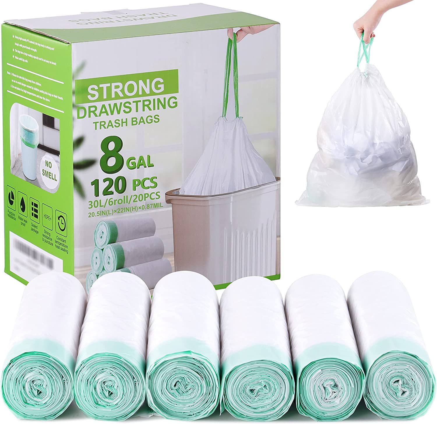 8 Gallon Trash Bag 120 Count, Unscented Strong Drawstring Garbage Bag ...
