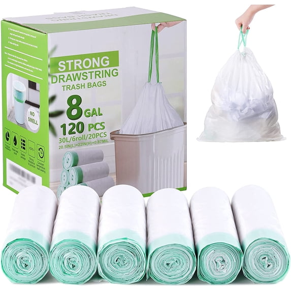 8 Gallon Trash Bag 120 Count, Unscented Strong Drawstring Garbage Bag ...