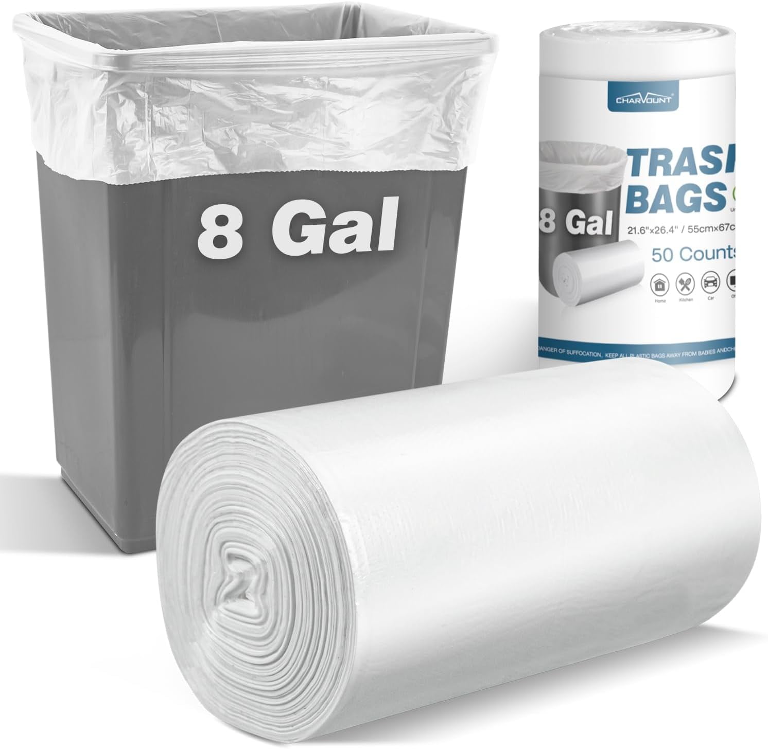 8 Gallon Trash Bags, 50 Count Medium Garbage Bags Trash Can Liners for ...