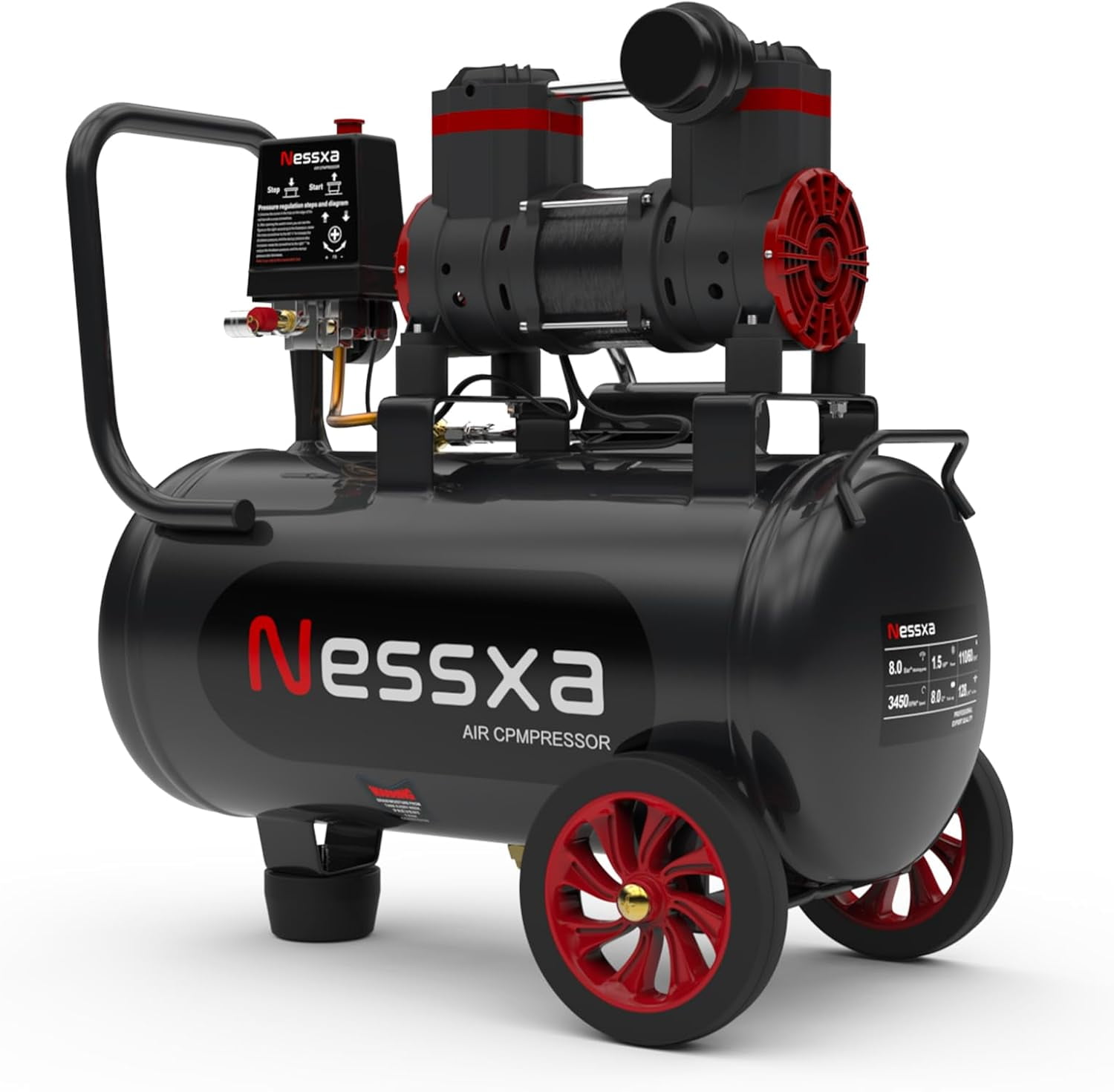 8 Gallon Ultra Quiet Air Compressor, 1.5HP 4.52 CFM, Max 115 PSI Oil ...