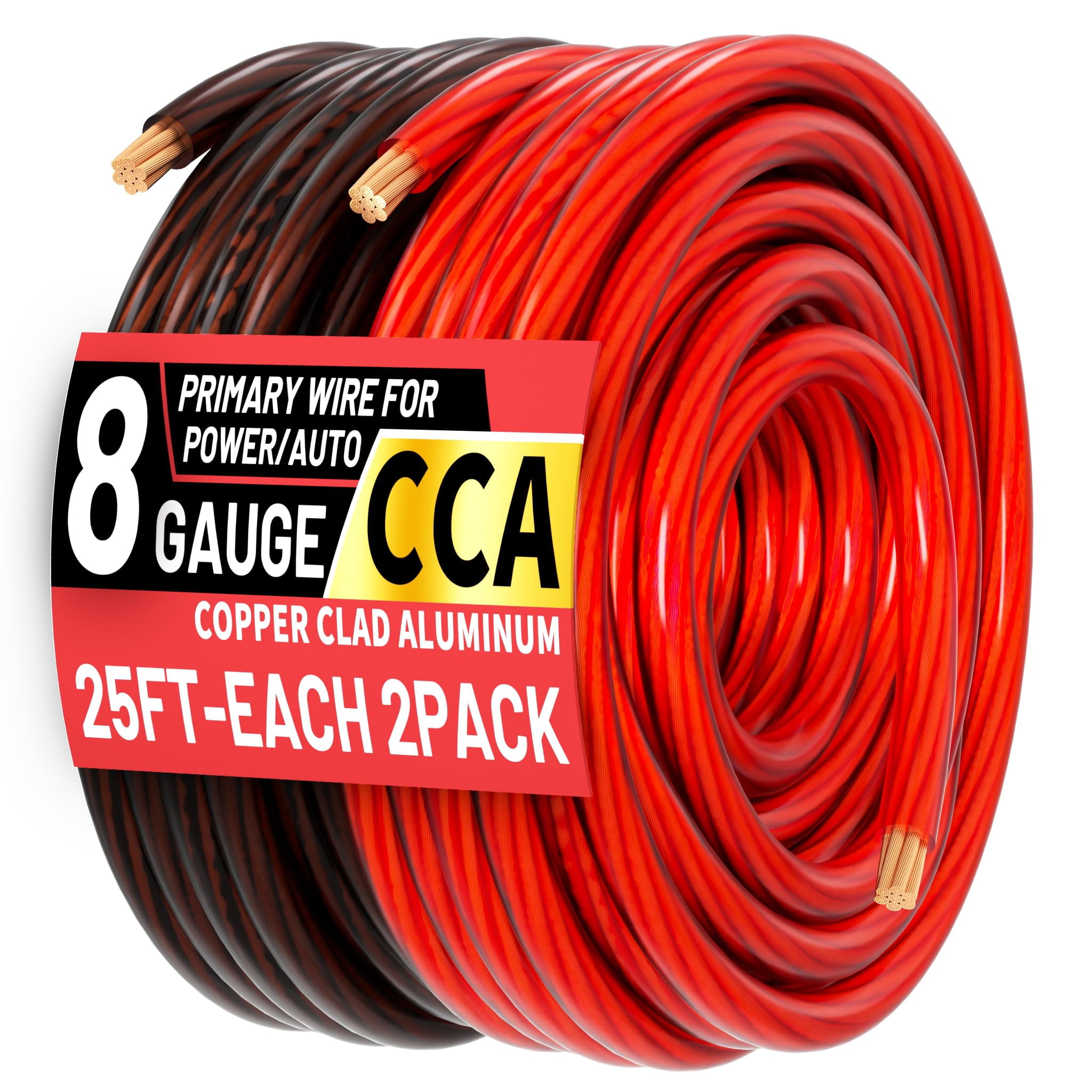 8 Gauge 25ft Each-Black/Red CCA Wire, Low Voltage Primary Automotive or ...