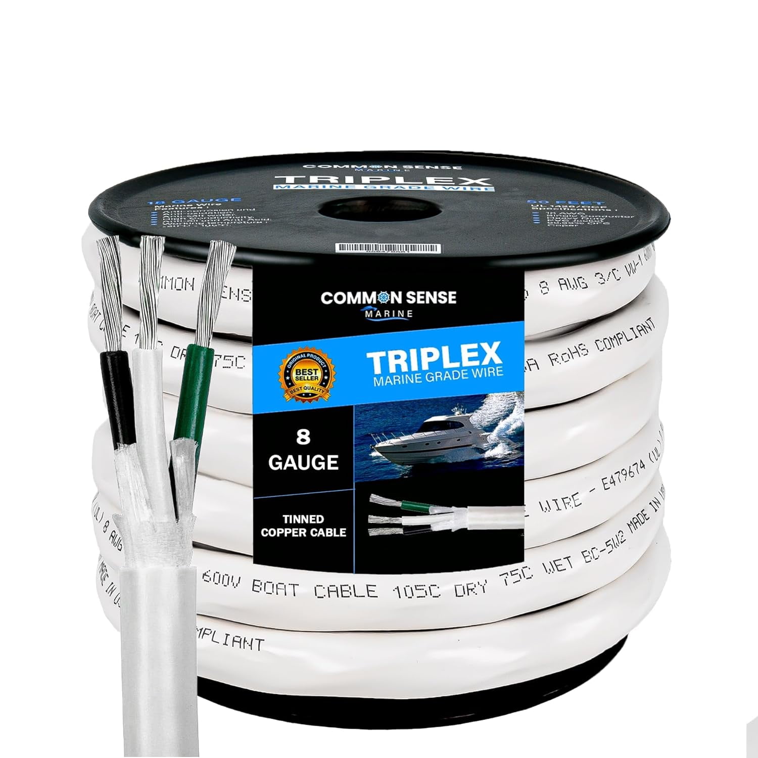 8 Gauge 3 Conductor Marine Wire - 30 ft Triplex Round Marine Grade Wire ...