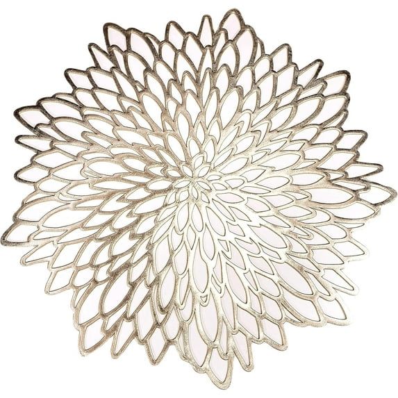 8 Gold Metallic Round Placemats, 15" Vinyl Leaf Design, Washable Heat ...
