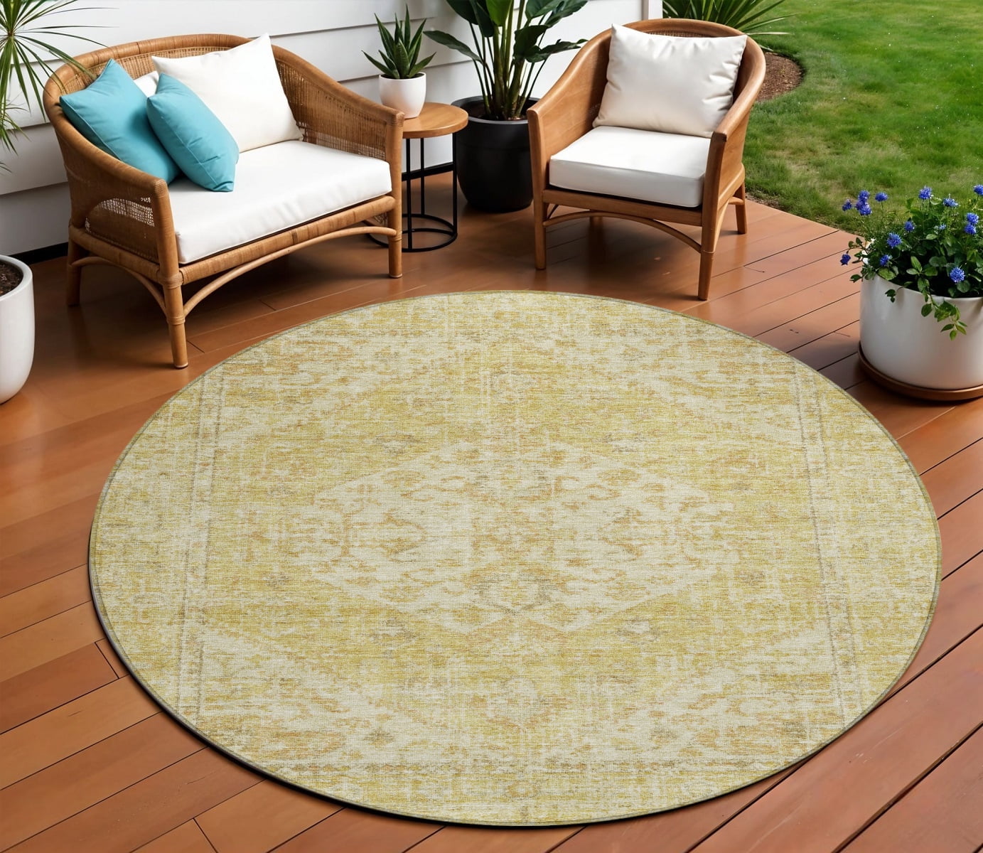 HomeRoots 603811 8 ft. Gold, Tan & Beige Round Oriental Washable Indoor ...
