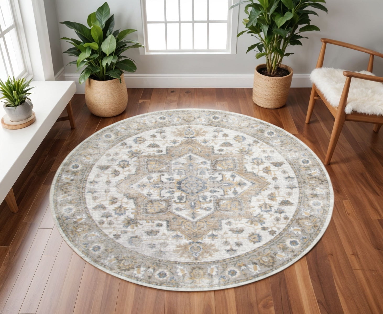 8' Gray Ivory And Blue Floral Medallion Distressed Washable Round Rug ...