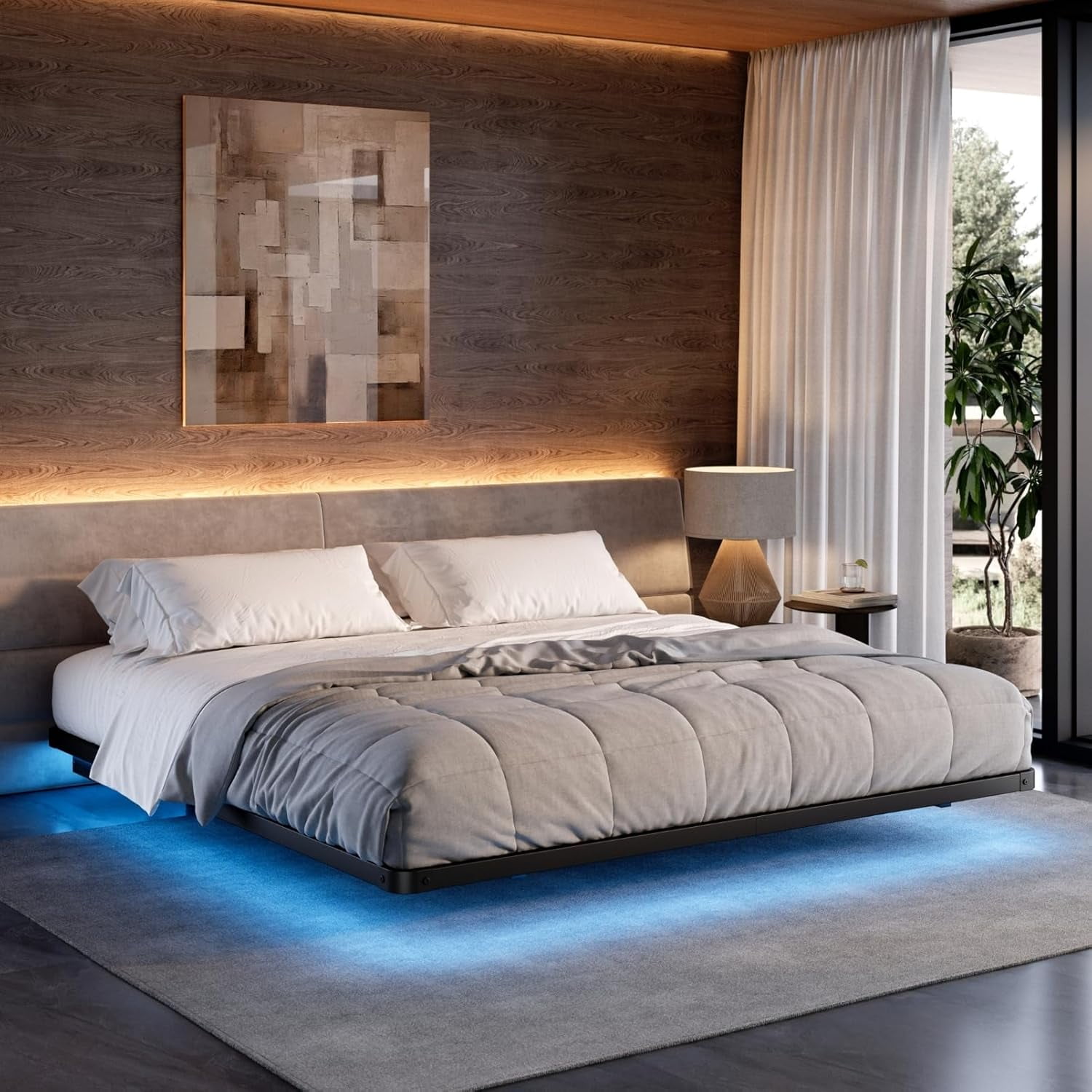 8 in High Floating Bed Frame Full with Led Lights & Charging Station ...