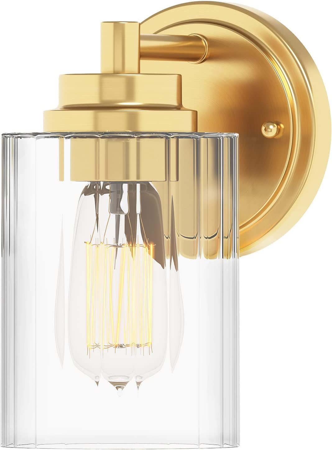 8" High Gold Bathroom Vanity Light, Clear Ribbed Glass Shade Wall ...