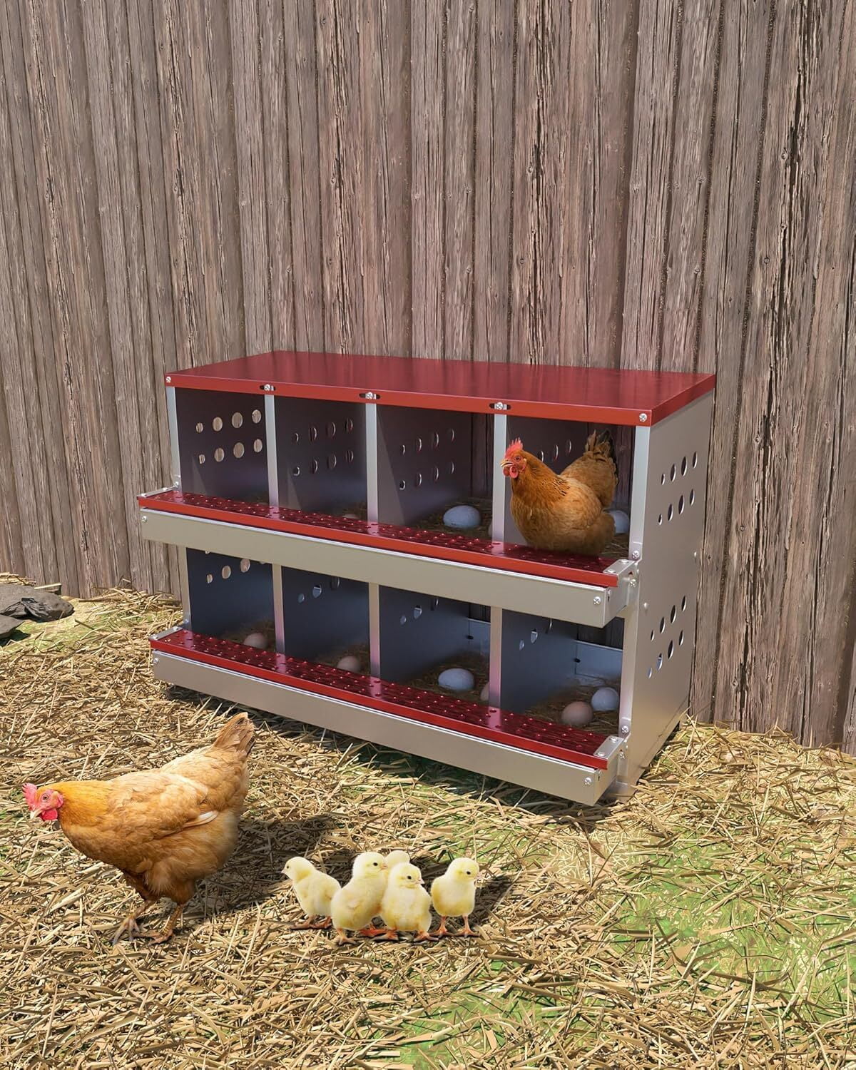 8-Hole Galvanized Metal Chicken Nesting Box with Egg Collection Tray ...