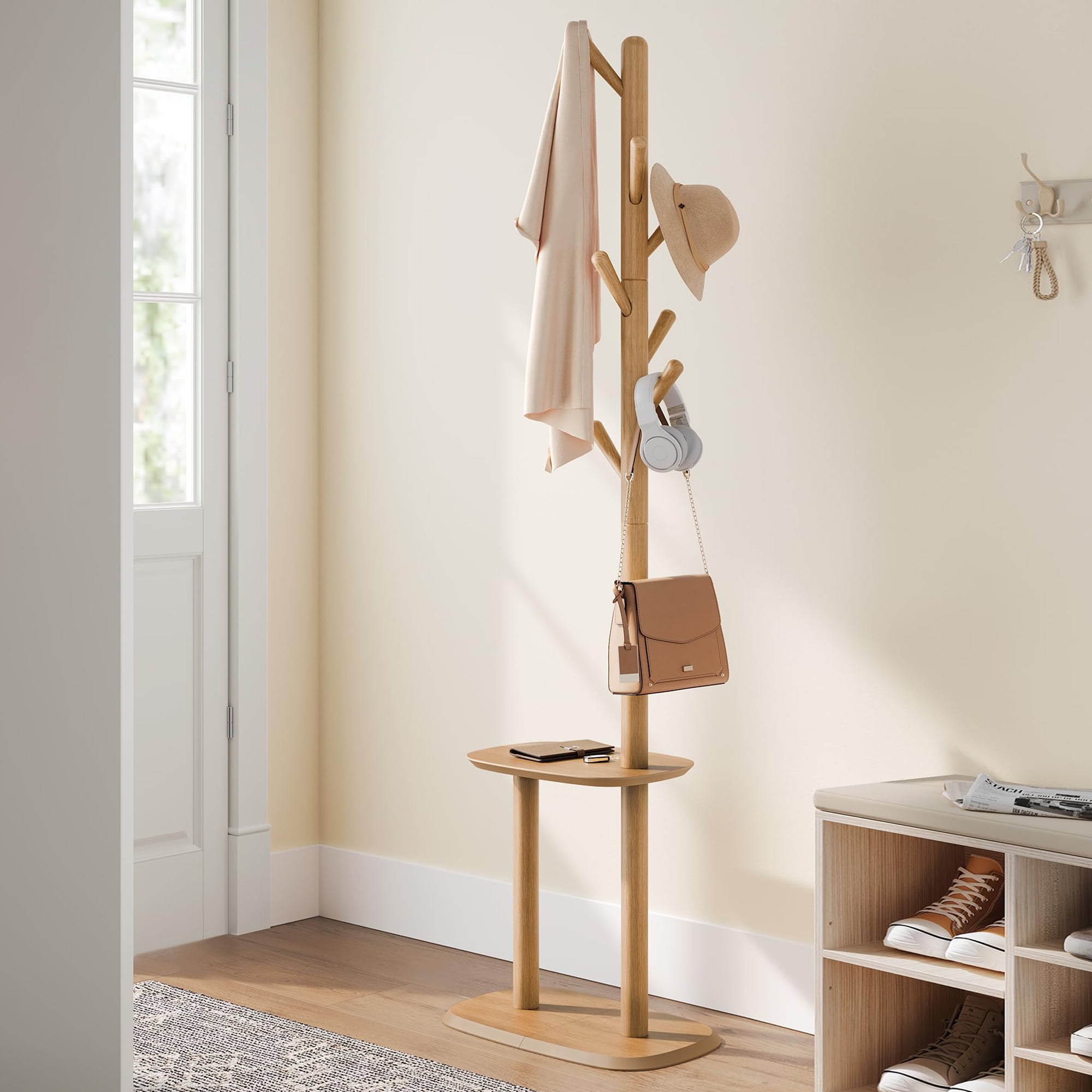 8-Hook Freestanding Coat Rack, 67.2 Inch Hall Coat Tree with Storage ...