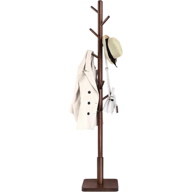 8-Hook Solid Wood Coat Rack - Free-Standing Entryway Tree with 3 Height ...