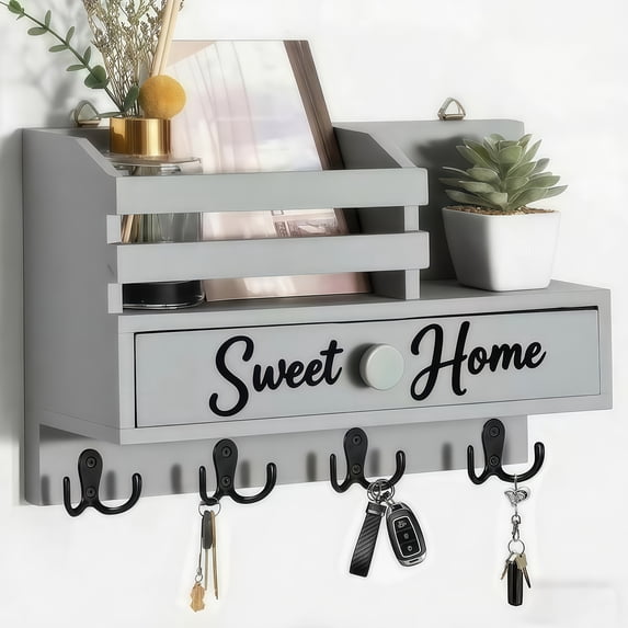 8-Hook Wall Mount Key Mail Organizer with Storage Drawer, Rustic Wood ...
