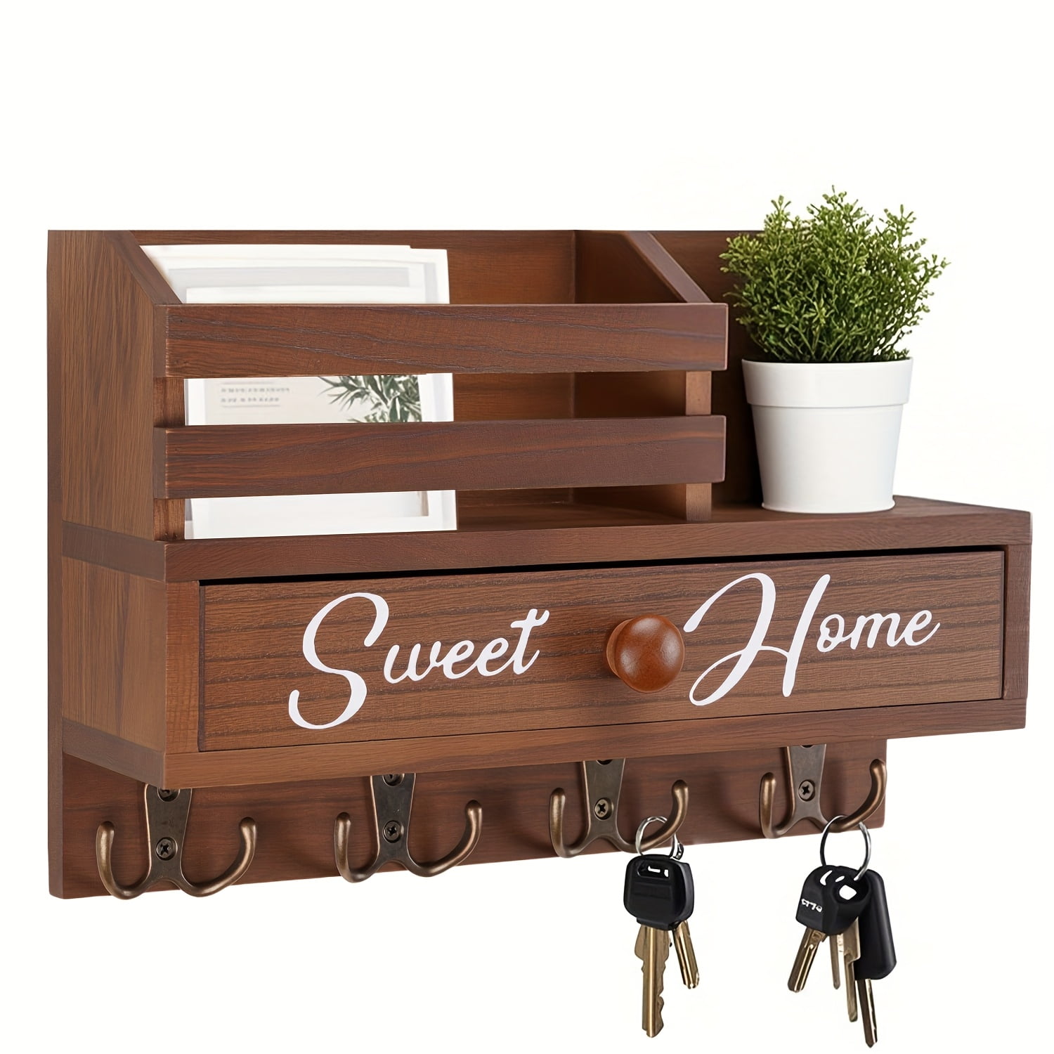 8-Hook Wall Mount Key Mail Organizer with Storage Drawer, Rustic Wood ...