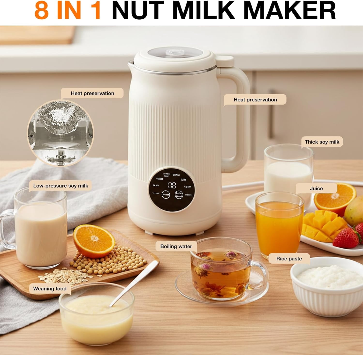 8-IN-1 Nut Milk Maker, 40 oz Soy Milk Machine Maker Homemade Almond Oat ...