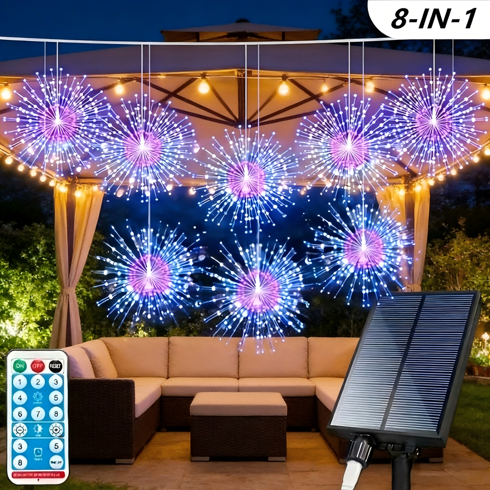 8-IN-1 Solar Hanging Firework Lights 480 LED Solar Powered Outdoor ...