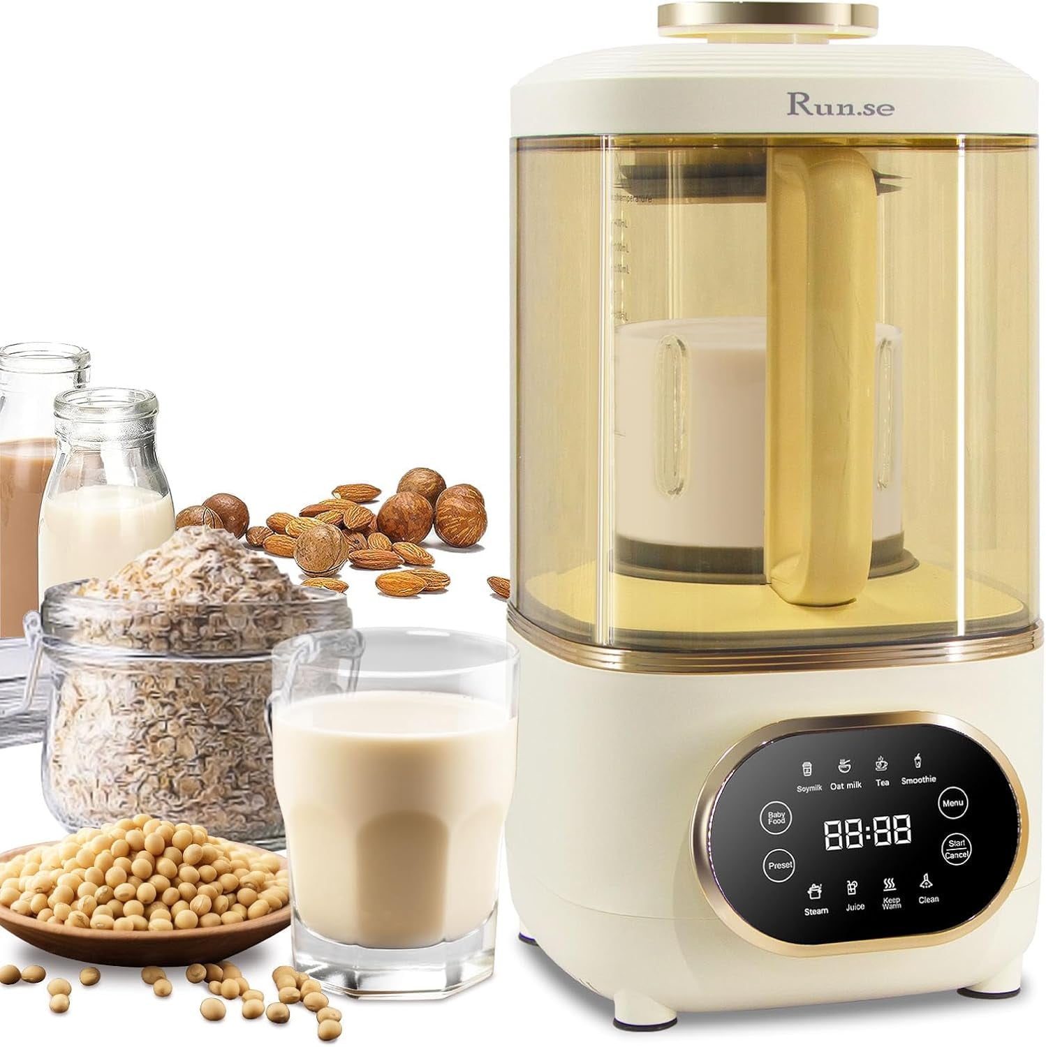 8-In-1 Soymilk Maker with Low noise Soundproof Cover 50oz./1.5L Fully Automatic for Heat Soy ...