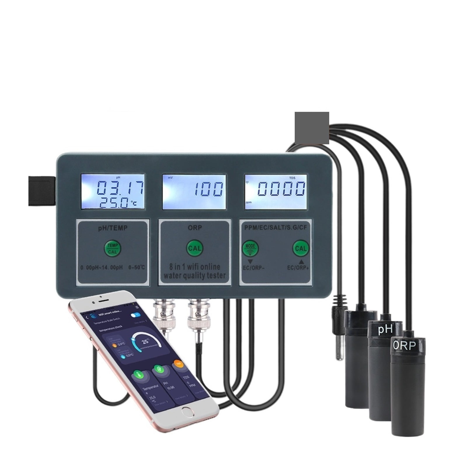 8 In 1 WiFi Tuya Aquarium Water Quality Tester Smart PH Meter ORP/TDS ...