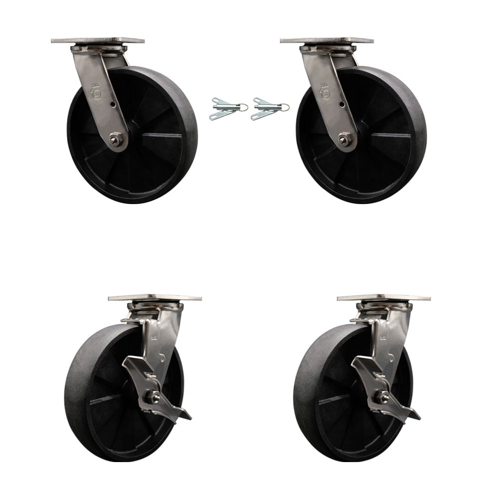 8 Inch 316SS Glass Filled Nylon Caster Set w/Delrin Bearing 2 Swivel ...