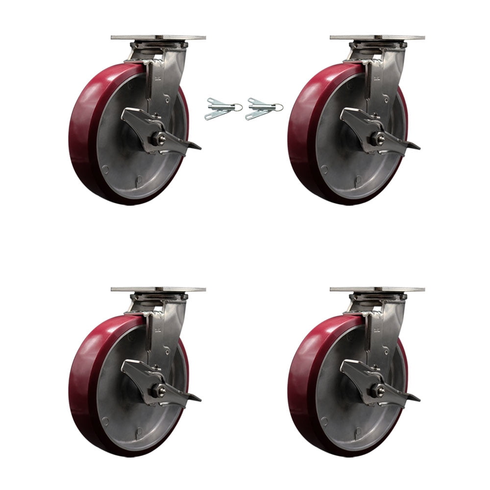 8 Inch 316SS Poly on Aluminum Caster Set w/Ball Bearings 4 Brakes 2 ...