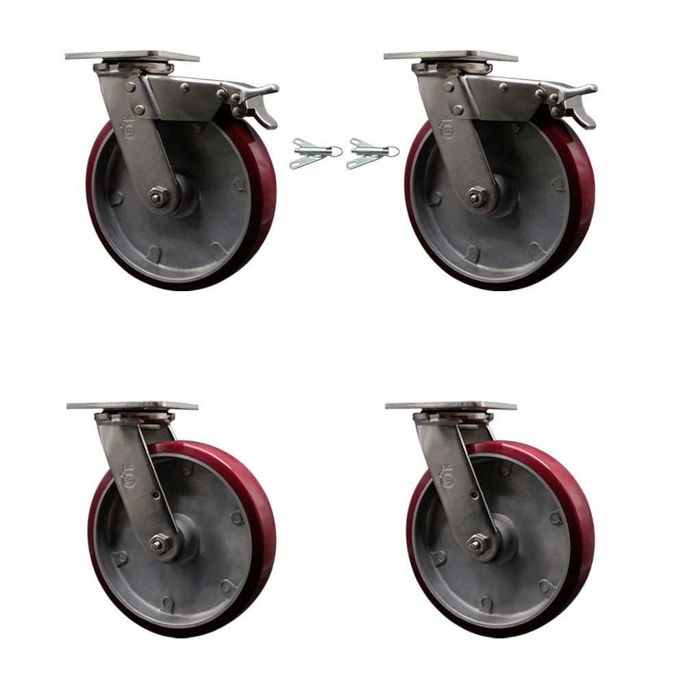 8 Inch 316SS Poly on Aluminum Caster Set w/Roller Bearings 2 Swivel ...