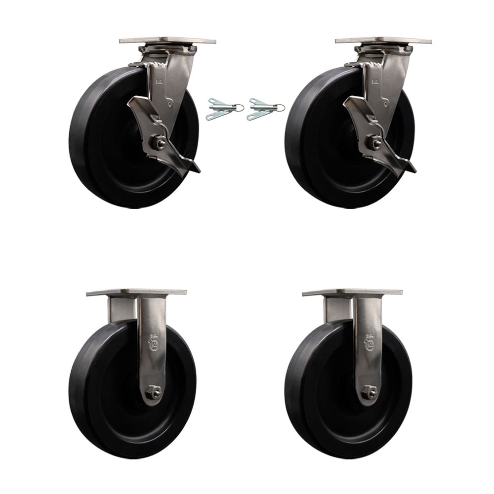 8 Inch 316SS Polyolefin Caster Set with 2 Brakes/Swivel Locks 2 Rigid ...