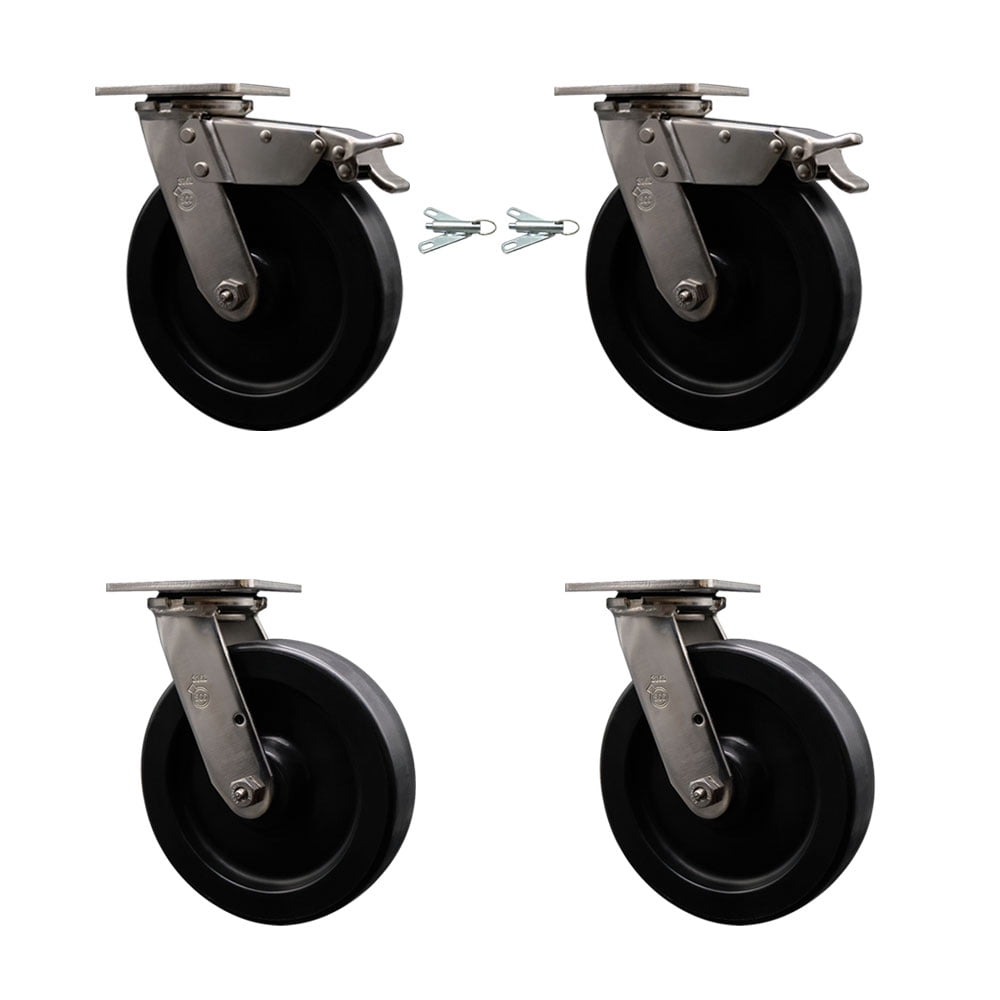 8 Inch 316SS Polyolefin Caster Set with Delrin Bearings 2 Swivel Locks ...