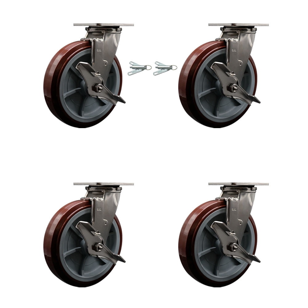 8 Inch 316SS Polyurethane Caster Set with Delrin Bearings 4 Brakes 2 ...