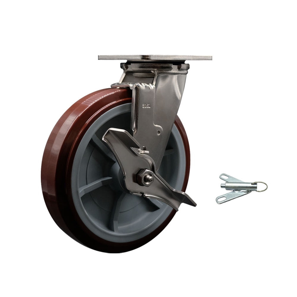 8 Inch 316SS Polyurethane Caster with Delrin Bearing and Brake/Swivel ...