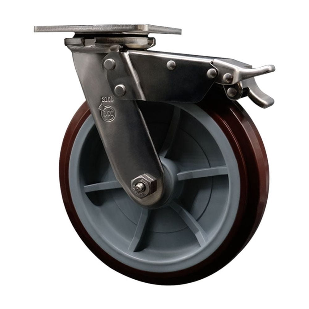 8 Inch 316SS Polyurethane Swivel Caster with Delrin Bearing and Brake ...